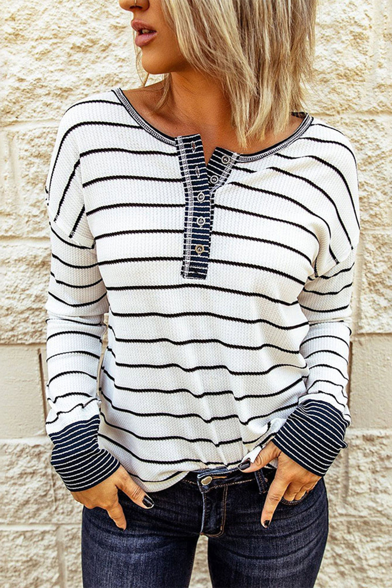 HIDDEN GEMS | Stripe Waffle Knit Buttoned Henley Top | Jane.com